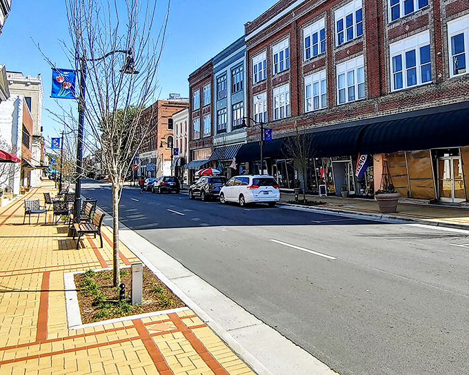 Downtown Washington shines with freshly restored buildings, tree-lined sidewalks, and inviting storefronts perfect for shopping or grabbing a bite.
