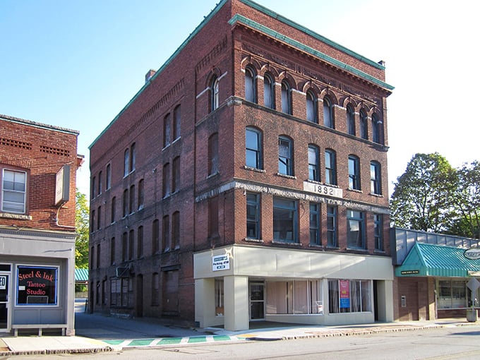 Historic commercial buildings in Webster showcase the enduring appeal of New England brick architecture.