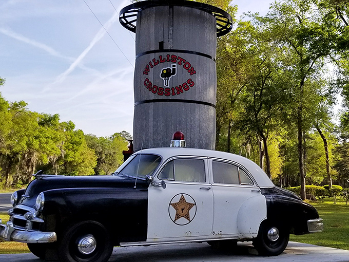 This vintage police cruiser guards Williston's water tower with nostalgic charm. Andy Griffith would feel right at home patrolling these streets.
