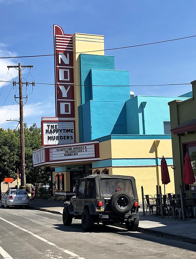 The historic Noyo Theatre stands as a colorful reminder that in Willits, entertainment comes without big-city prices.