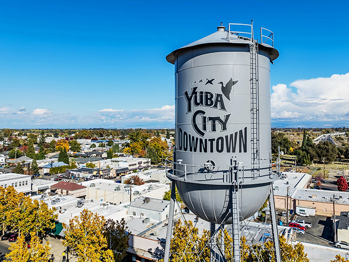 Yuba City's distinctive water tower serves as both landmark and love letter to this charming downtown district.