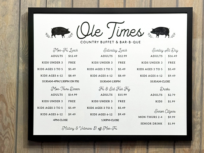 The menu board tells you everything you need to know&mdash;kids under 3 eat free, and everyone else gets to experience unlimited Southern comfort at reasonable prices.