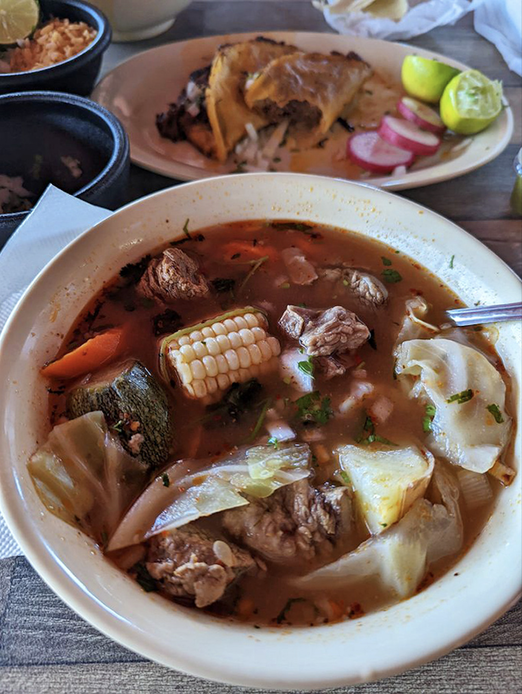 The caldo de res features chunks of tender beef and fresh vegetables swimming in a broth so clear and flavorful it could win Olympic gold.