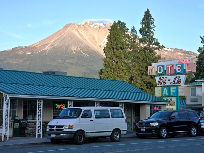The Hi-Lo Cafe stands like a time capsule beneath Mount Shasta's watchful gaze, offering comfort food with a side of majesty.