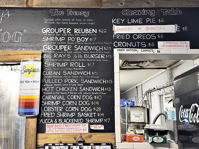 The chalkboard menu reads like a love letter to seafood enthusiasts. Notice how "Lobster Corn Dog" makes your heart beat a little faster?