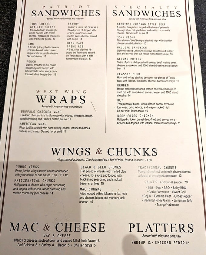 This isn't a menu&mdash;it's a roadmap to happiness. From the "Patriot" grilled cheese to "Presidential Chunks," every item sounds like it was named by someone who genuinely enjoys eating. 