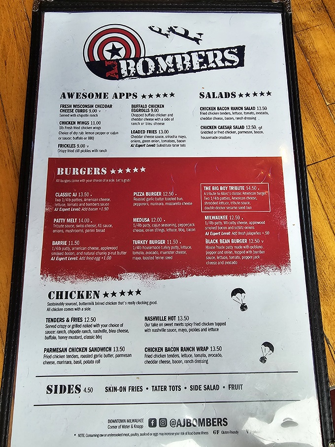 The menu reads like a love letter to comfort food&mdash;burgers, cheese curds, and chicken options that'll make your diet plan file for divorce. 