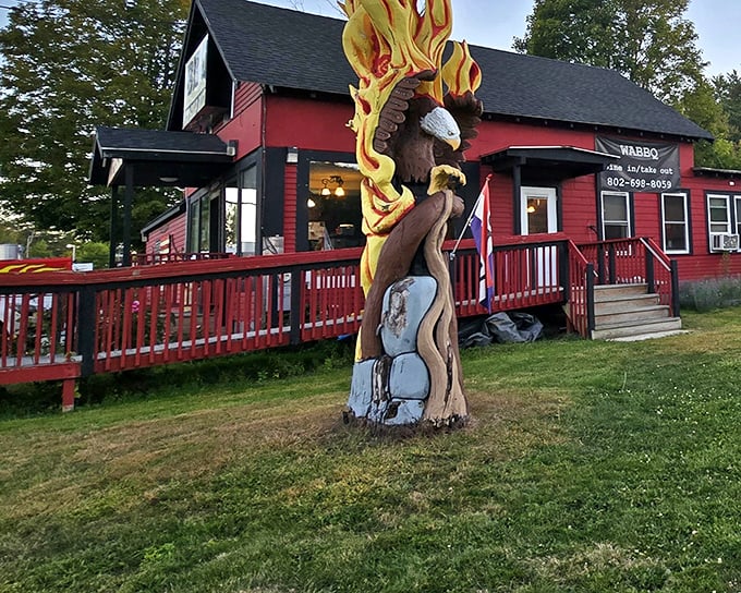 The flaming eagle sculpture stands guard outside this red-painted BBQ haven, like Vermont's answer to the barbecue gods.