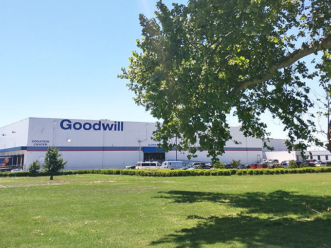 The unassuming exterior of Goodwill's treasure trove on West Reno Avenue. Behind those walls, bargain hunters' dreams come true daily.