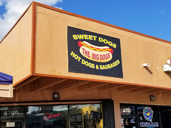 The unassuming tan building with its bold black banner announces "SWEET DOGS" like a carnival barker who actually delivers on the hype.