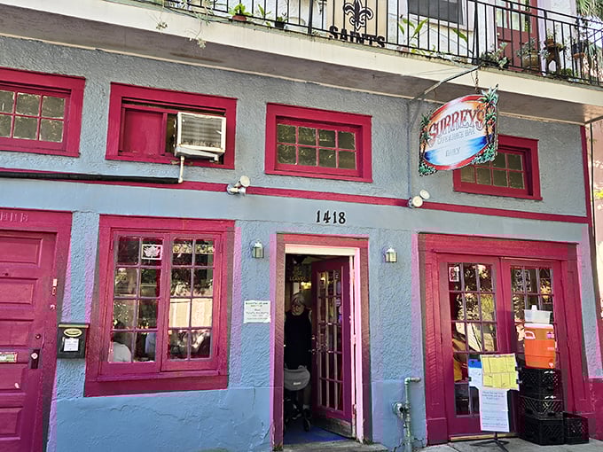 The blue and pink fa&ccedil;ade of Surrey's isn't just eye-catching&mdash;it's nature's way of saying "extraordinary breakfast happens here." Like a tropical oasis in the urban landscape.
