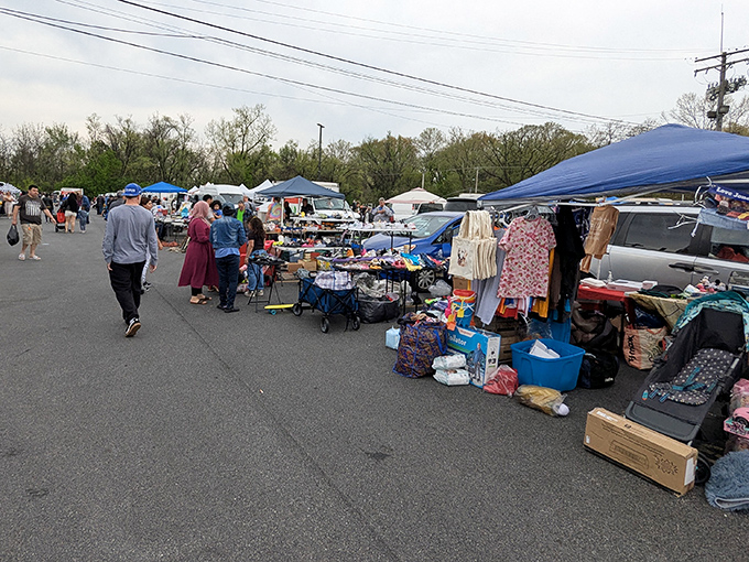The treasure hunt begins! Shoppers navigate a sea of canopies at North Point Plaza, where one person's castoff becomes another's centerpiece.