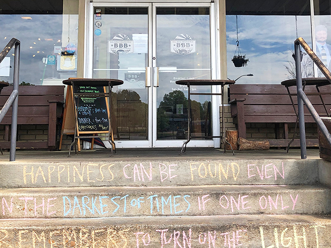 The entrance to Big Bad Breakfast welcomes you with chalk-written wisdom on the steps&mdash;a philosophical appetizer before the main course of deliciousness awaits inside.