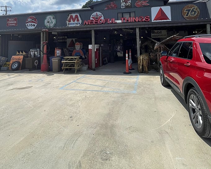 The "NEEDFUL THINGS" sign isn't lying &ndash; Highway Pickers' facade is a time capsule of Americana with vintage gas pumps standing guard like rusty sentinels from a bygone era.