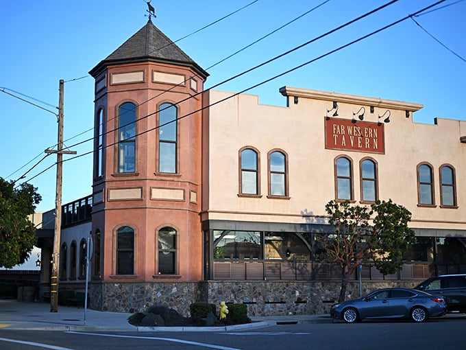 The Far West Tavern's distinctive turret stands like a Victorian sentinel on Ferndale's Main Street, a perfect blend of Old West charm and architectural splendor.