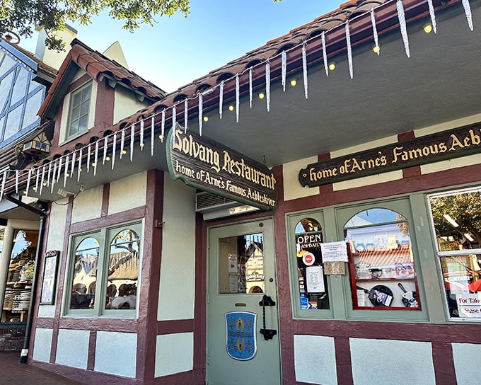 The storybook facade of Solvang Restaurant, complete with traditional Danish half-timbering and those charming icicle decorations, looks like it was plucked straight from Copenhagen's historic district.