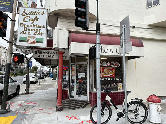 A slice of old San Francisco survives! Eddie's classic storefront with its vintage signage and red awning feels like a portal to a simpler, more delicious era.