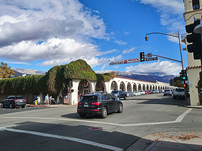 Ojai's iconic bell tower stands sentinel over the Spanish Colonial arcade, where mountain views and Mediterranean charm create California's most picturesque main street.