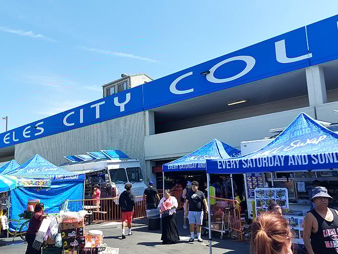 The entrance to treasure-hunting paradise! PCC Flea Market's iconic blue signage welcomes weekend warriors ready to discover forgotten gems and unexpected bargains.