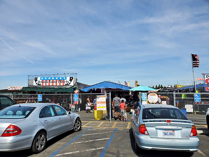 The entrance to Denio's beckons like a portal to treasure-hunting paradise. Blue skies above promise a perfect day for discovering hidden gems.