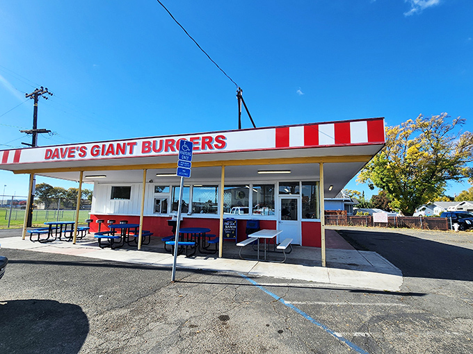 Bathed in California sunshine, Dave's stands like a burger beacon with its cheerful red exterior and iconic striped awning &ndash; a temple to unpretentious deliciousness.