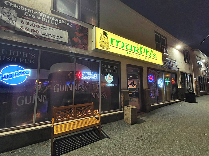 The glowing bulldog mascot stands guard over Murph's entrance, a beacon of Irish hospitality in Wilmington's night. Those neon beer signs aren't just decoration—they're promises.