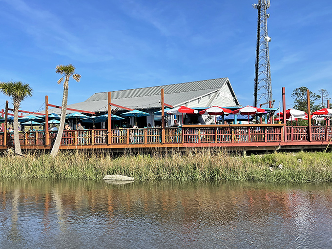 The waterfront view of Palms Fish Camp Restaurant is Florida dining perfection &ndash; where marsh grasses meet wooden decks and hungry patrons meet their seafood destiny.