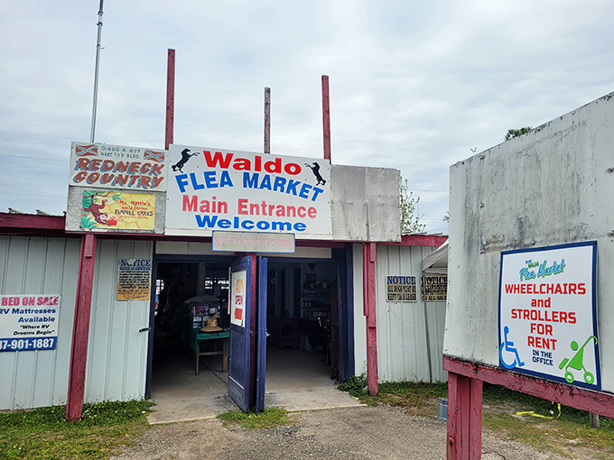 The gateway to treasure hunting paradise! Waldo Flea Market's entrance promises adventures that'll have you texting friends "You won't believe what I just found."