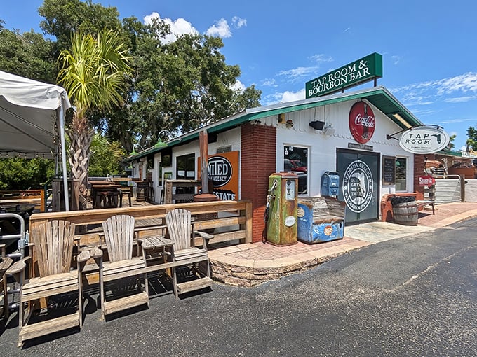 The rustic charm of Florida Cracker Kitchen's exterior feels like stepping into old Florida &ndash; complete with weathered wood, Adirondack chairs, and endless possibility.