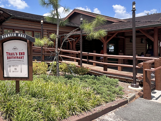 The rustic wooden exterior of Trail's End beckons like a frontier oasis, promising comfort food that would make your grandmother both proud and jealous.