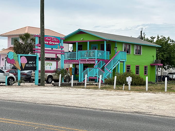 The technicolor dream coat of ice cream shops beckons from the roadside, promising frozen happiness in every scoop.