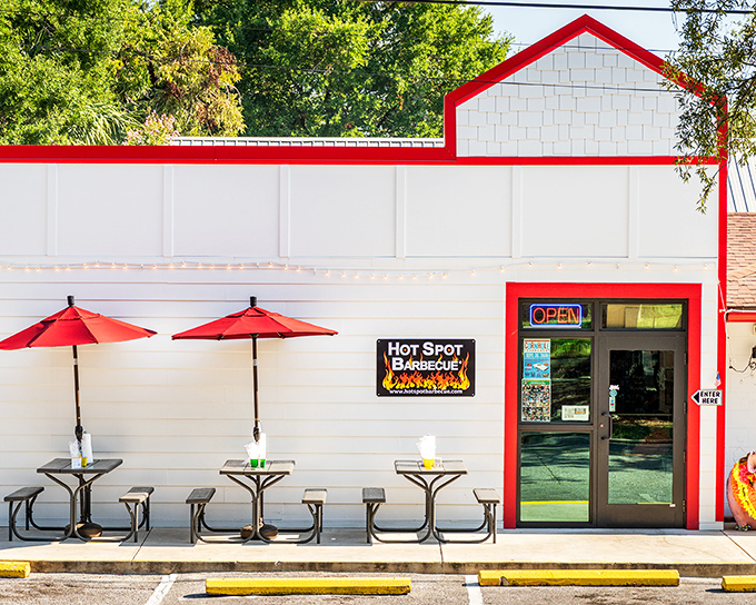 The white building with red trim stands like a beacon for barbecue pilgrims. Simple outside, spectacular inside&mdash;just as good BBQ should be.