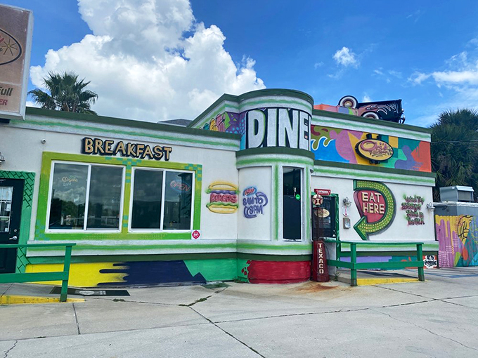 Like a rainbow crashed into a 1950s postcard, Obi's exterior promises a dining adventure before you even reach for the door handle.