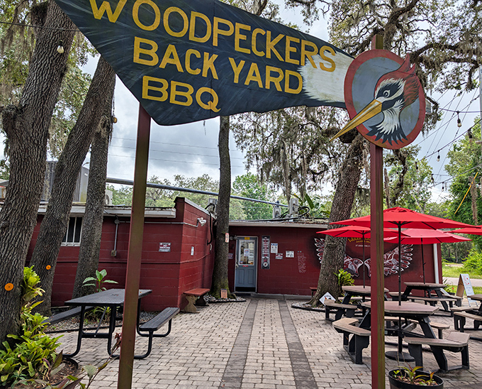 Spanish moss drapes over this unassuming BBQ sanctuary like nature's own welcome banner. The bright woodpecker logo promises what the building delivers: flavor with character.