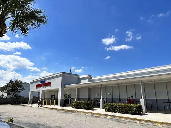 The clean, modern exterior belies the overwhelming abundance of treasures waiting inside this thrift store paradise.