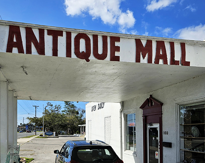 The unassuming entrance to Heritage Antiques Mall proves that treasure hunting begins with a humble doorway. Like a time machine disguised as a storefront.