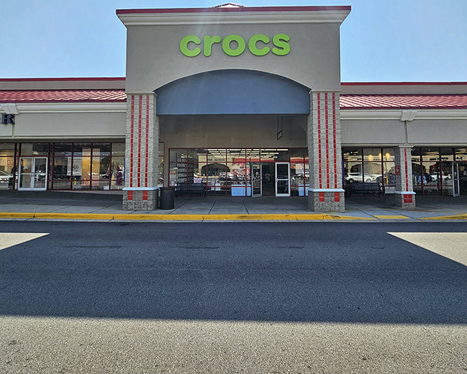 The retail promised land awaits! The Crocs entrance at Tanger Outlets Locust Grove welcomes shoppers eager for discounted designer goods.