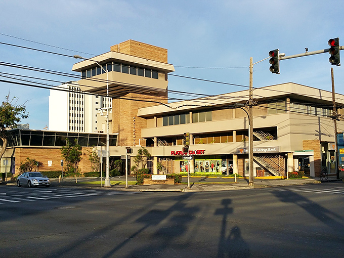 The unassuming exterior of Plato's Closet Honolulu hides a treasure trove of fashion finds waiting to be discovered by savvy shoppers.