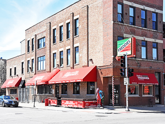 The bright red awning of Fabulous Freddies stands out like a beacon of hope for the hungry on Chicago's 31st Street. Classic brick exterior says "real neighborhood joint."