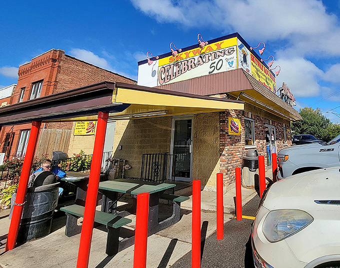 Celebrating 50 years of hot dog perfection, Skyway's outdoor seating area offers the perfect perch for practicing the sacred "Chicago lean" while devouring your dog.
