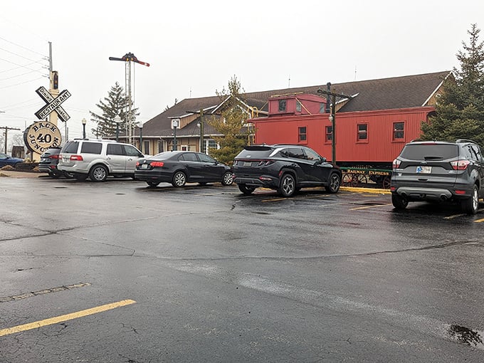 The iconic railroad crossing sign welcomes hungry travelers to Back 40 Junction, where the parking lot is often full but the portions never disappoint.