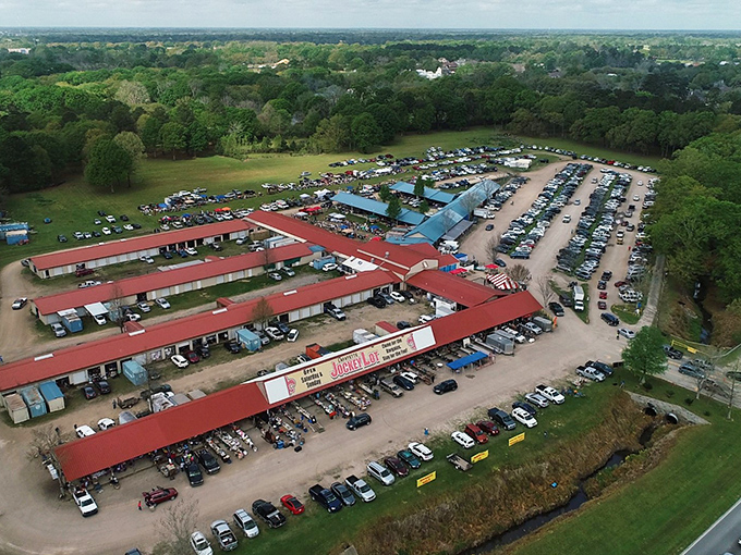 From this aerial view, the Lafayette Jockey Lot resembles a small city dedicated to the art of the deal. Those red-roofed buildings house more treasures than a pirate could dream of.