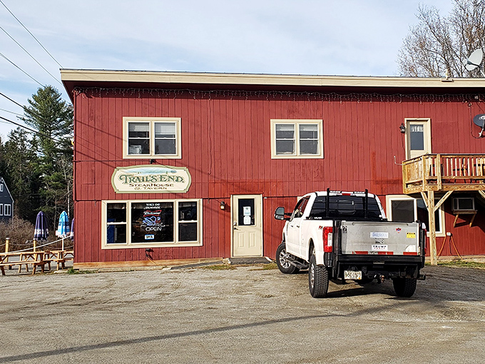 The unassuming red exterior of Trail's End hides culinary treasures within &ndash; proof that Maine's best flavors don't need fancy facades.
