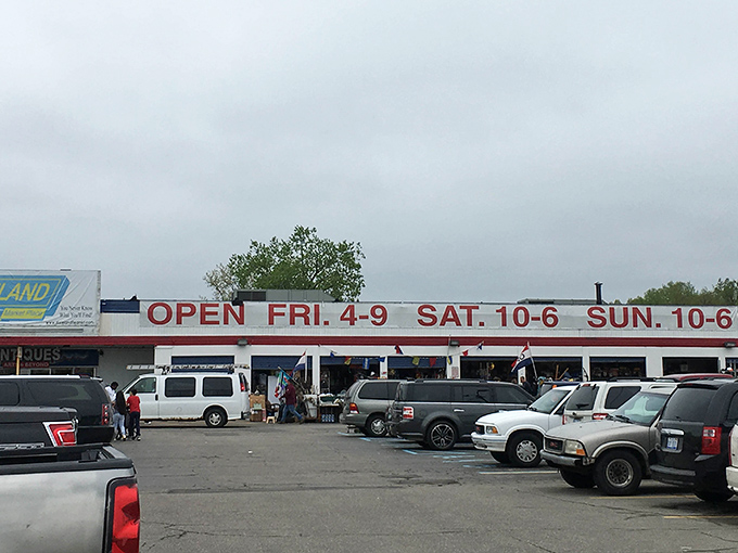 Weekend warriors line up their vehicles in anticipation of bargain battles ahead. The parking lot is merely the staging area for serious treasure hunters.