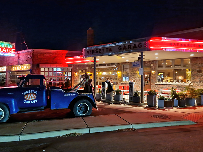That neon glow at night turns Vinsetta Garage into pure Michigan magic on Woodward Avenue.