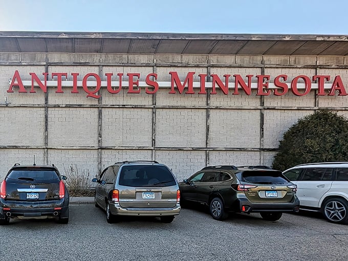 The unassuming exterior of Antiques Minnesota belies the wonderland within. Those bold red letters promise adventure for anyone brave enough to step inside.