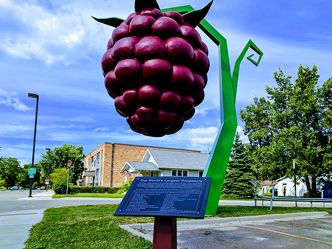 Blue skies provide the perfect backdrop for Hopkins' berry impressive claim to fame. Who knew agricultural pride could be so gloriously oversized?