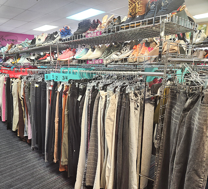 Rack after rack of fashion possibilities! The shoe collection alone could make Cinderella rethink her glass slipper strategy.