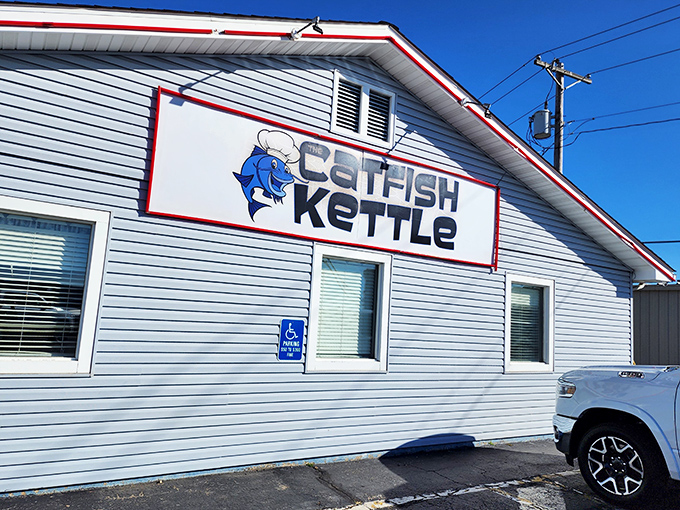 The blue exterior with its cartoon catfish chef logo is like a beacon to hungry travelers &ndash; simple, unpretentious, and promising delicious things within.
