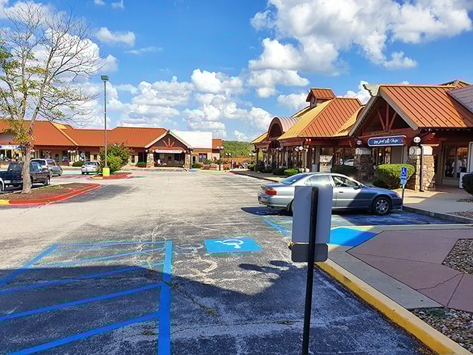 The iconic red roofs of Osage Beach Outlet Marketplace stand like beacons for bargain hunters—retail therapy with a side of architectural charm.